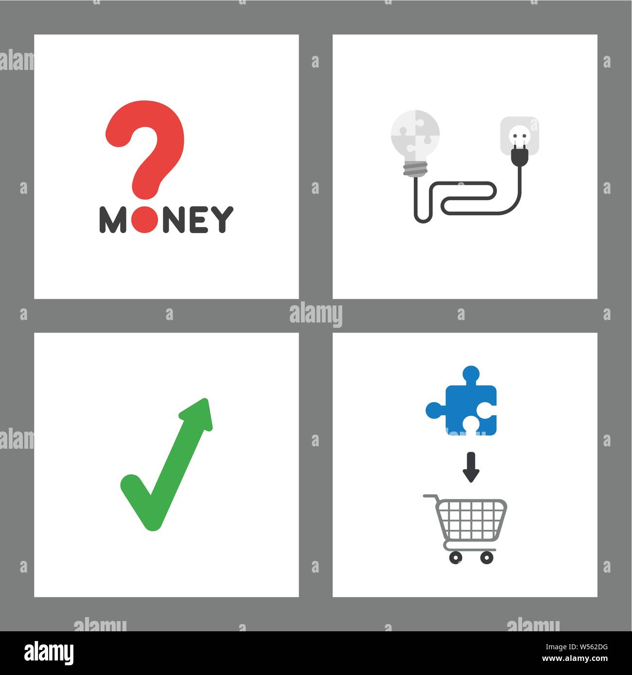 Vector icon concept set. Money word with question mark, puzzle light ...