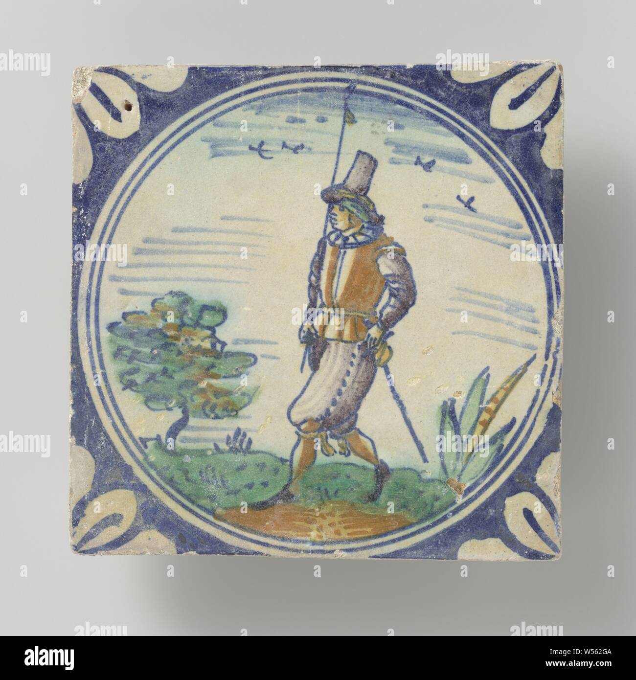 Tile, multicolored painted with a soldier or a standard-bearer, painted ...
