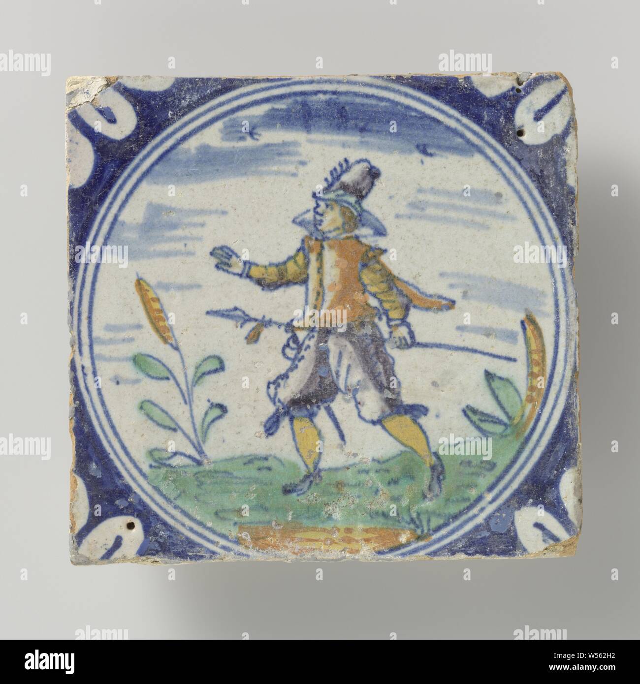 Tile, multi-colored painted with a soldier or a standard-bearer, multi ...