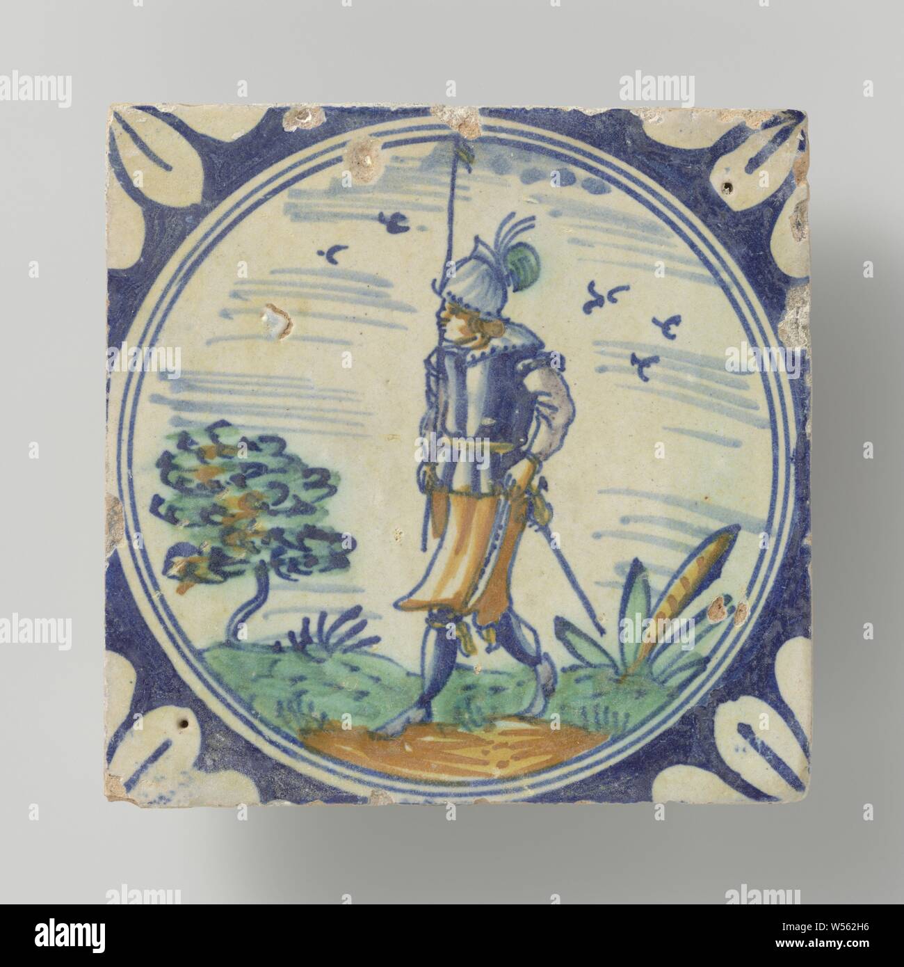 Tile, multi-colored painted with a soldier or a standard-bearer, multi ...