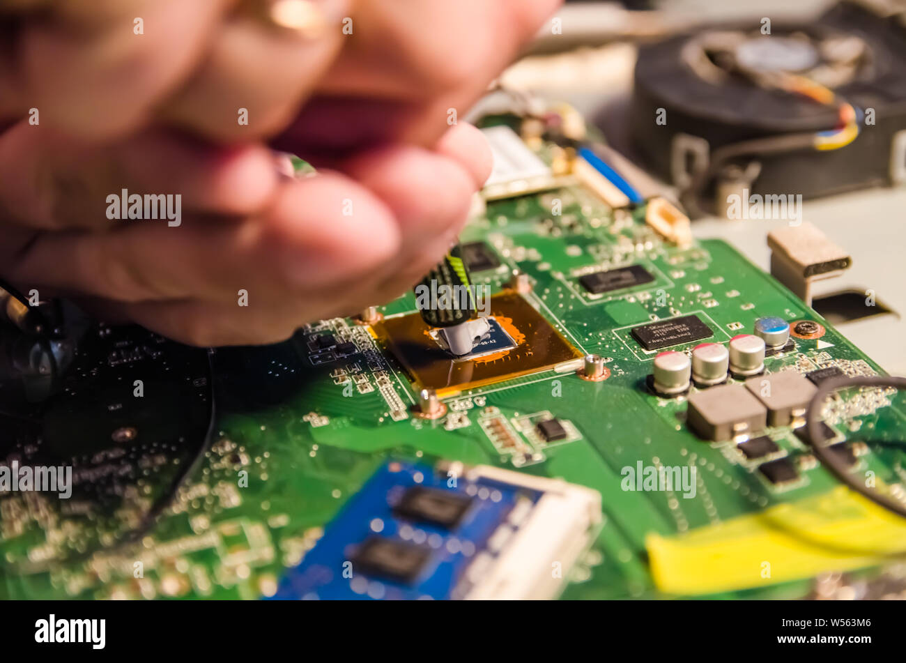 Technical support worker greases with thermal grease paste computer ...
