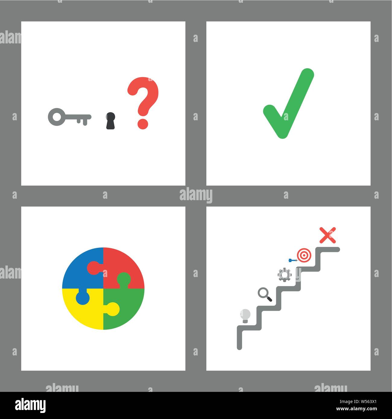 Vector icon concept set. Unlock keyhole, check mark, connected puzzle ...