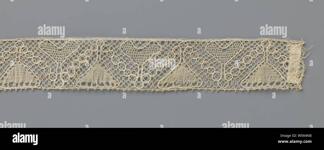 Strip of bobbin lace with heart-shaped and triangular flower between ...