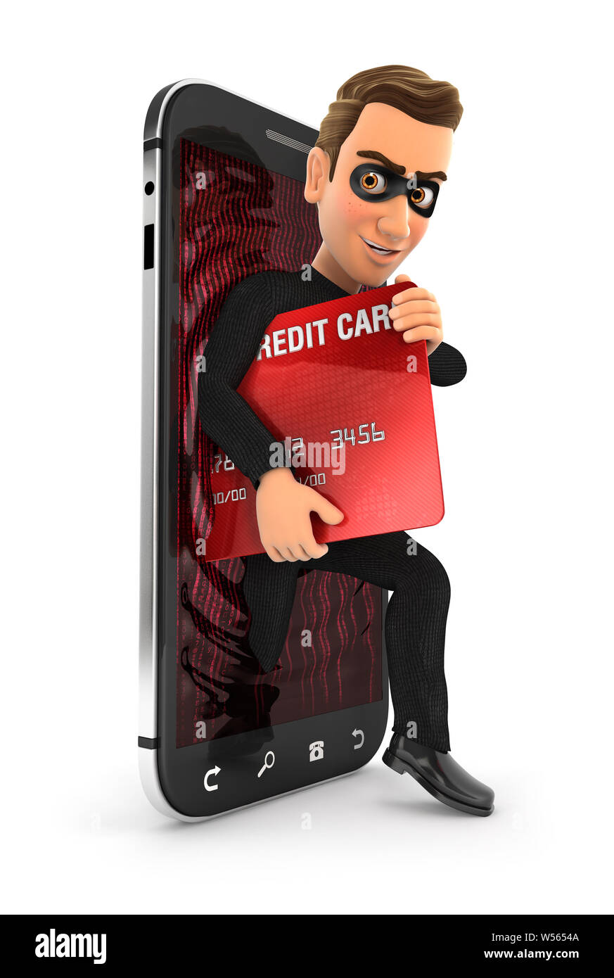 3d thief coming out of smartphone with credit card, illustration with ...