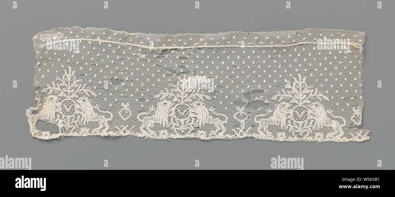 Strip of bobbin lace with two lions and the letters W and V, Strip of ...