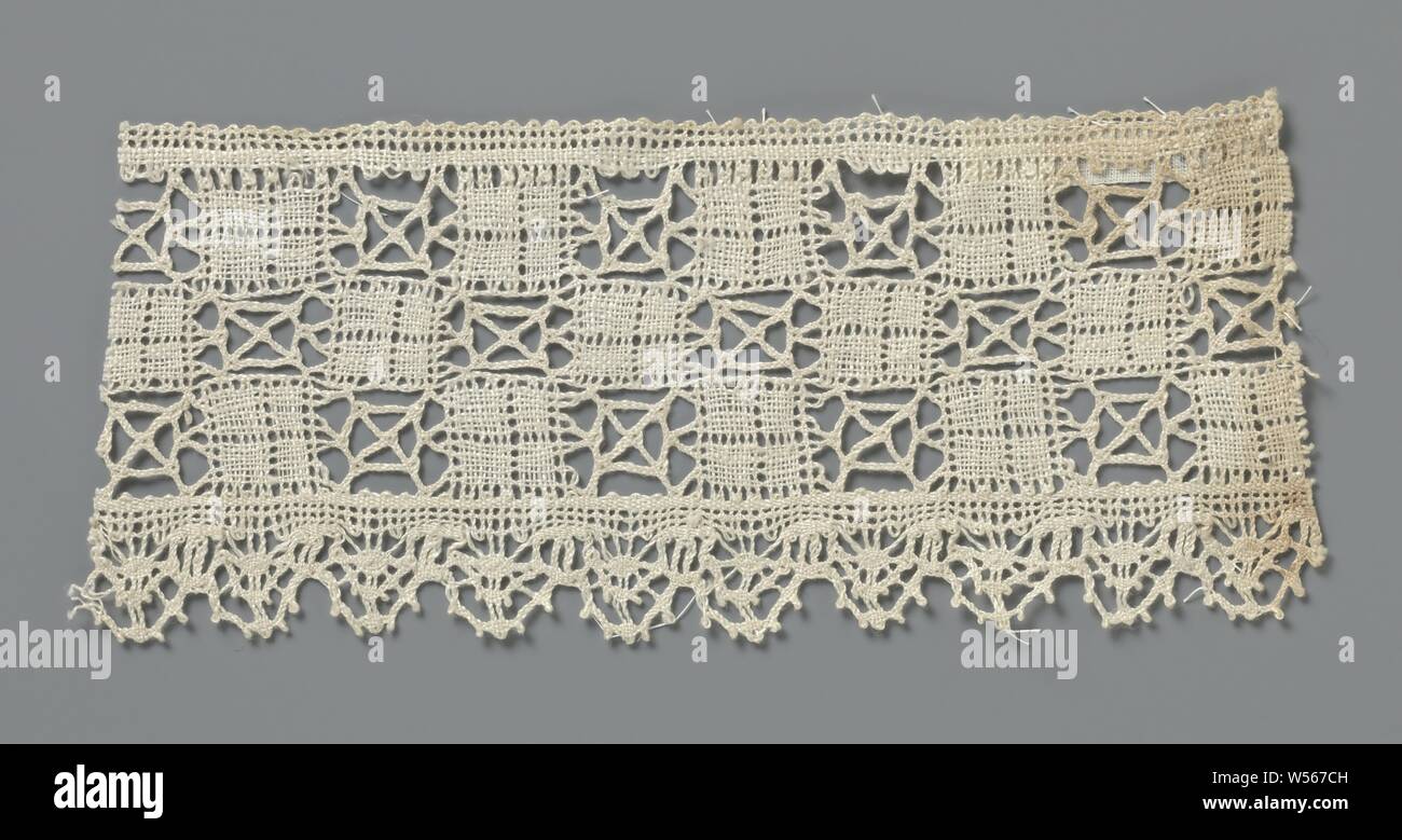 Strip of bobbin lace with three rows of squares and scallop edge, Strip ...
