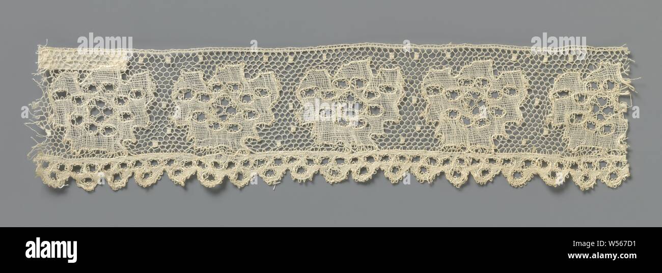 Strip of bobbin lace with capriciously shaped flowers, Strip of natural ...