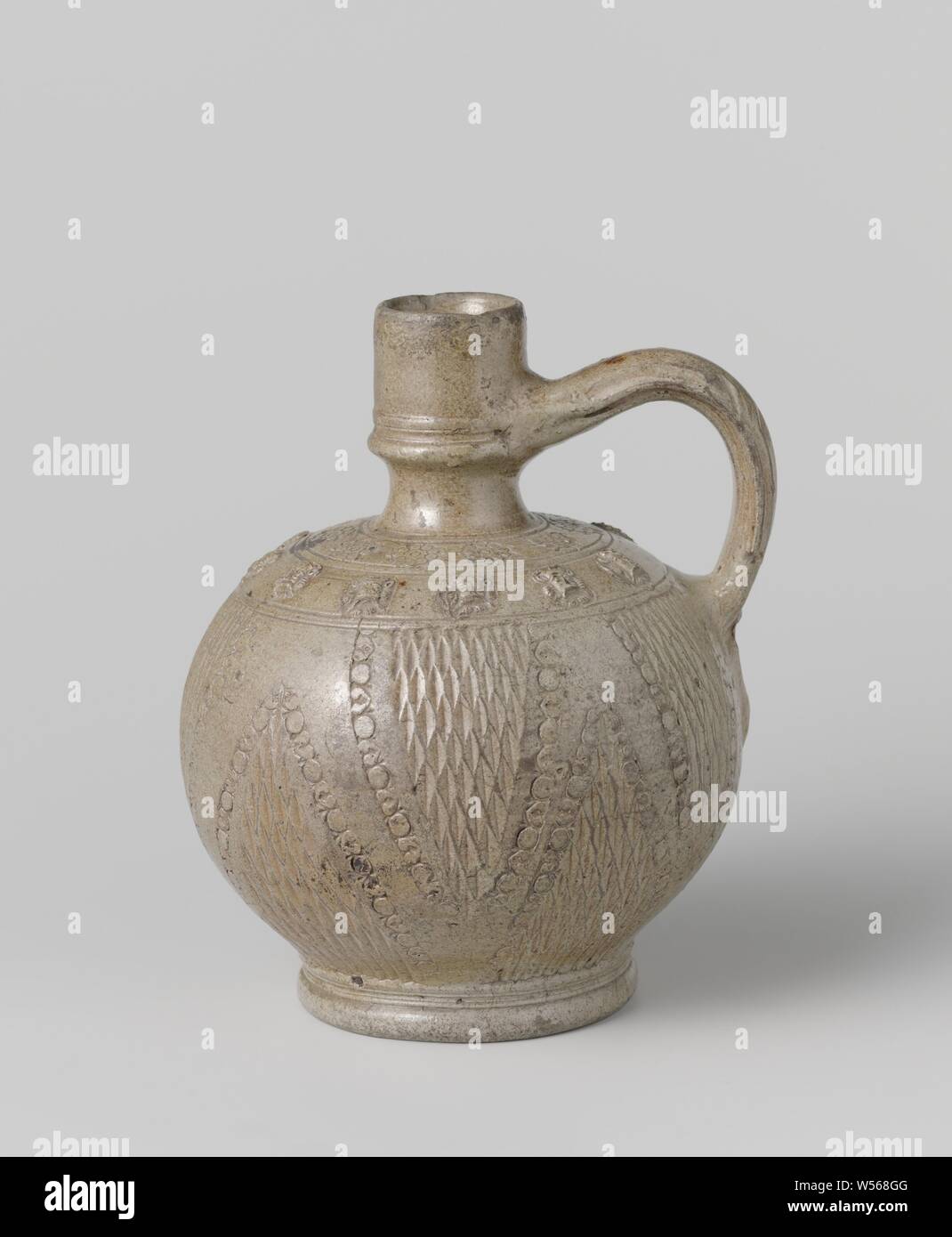 Jug with masks, flowers and chip carving, Jar of stoneware on stand ...