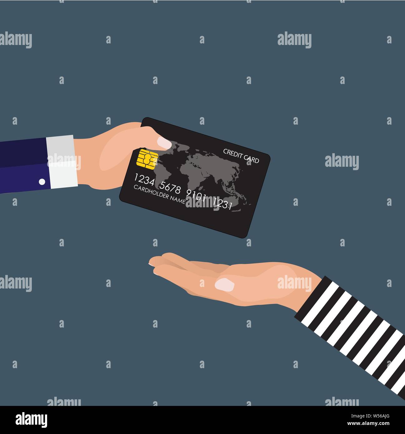 Hand of victim giving a credit card to robber. Vector Illustration ...