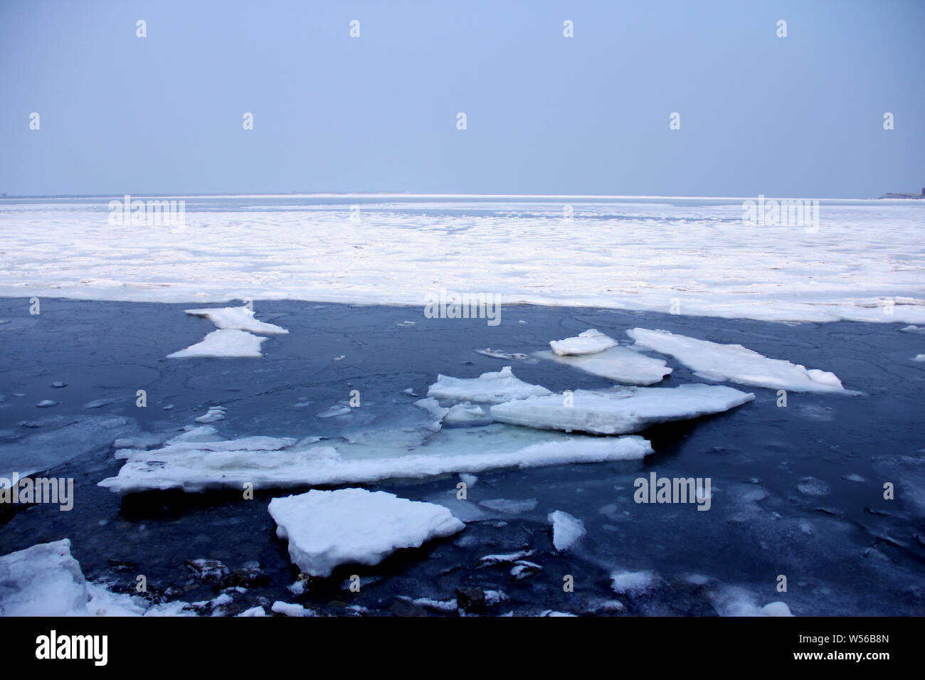 Landscape of the thick sea ice on the frozen sea surface at Bohai Sea ...