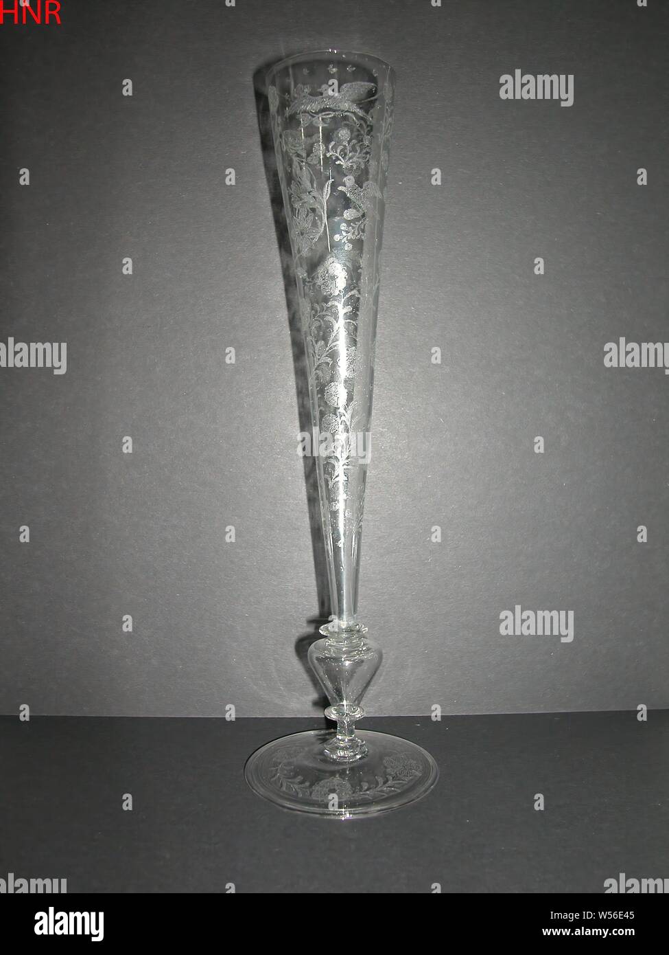 Flute glass Flute glass with flower sprays and birds, Flat base with ...
