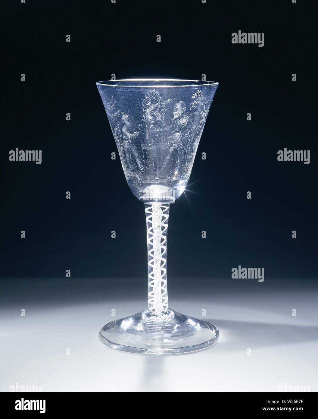 Sling glass with two Chinese with a parrot, Conical foot. Straight ...