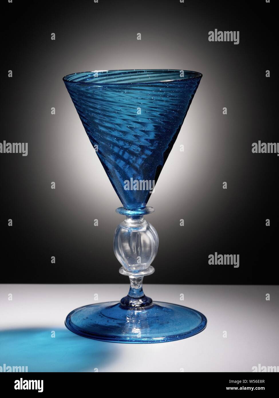 Wine glass with blue glass Goblet with ribbed cup, Flat base of blue ...