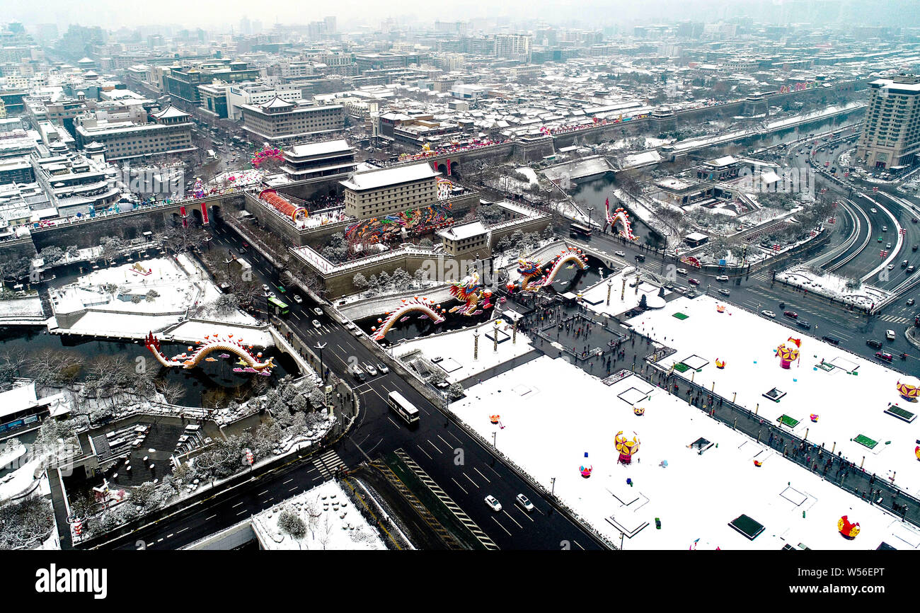 Aerial view of the ancient city wall covered with snow after a snowfall ...