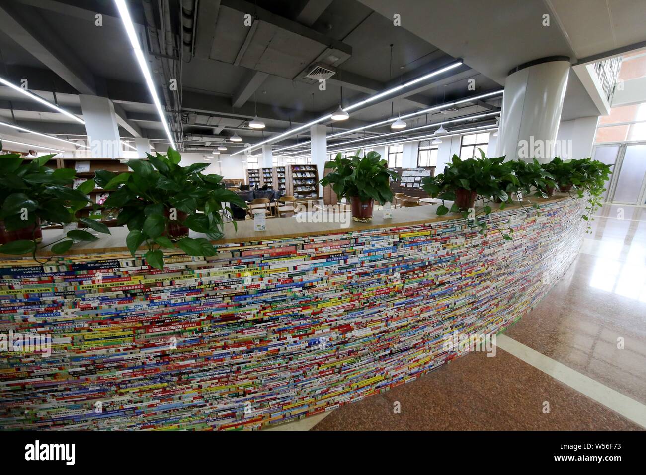 Thousands of old books are placed to create the "walls" at the library ...