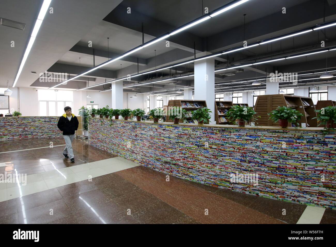 Thousands of old books are placed to create the "walls" at the library ...