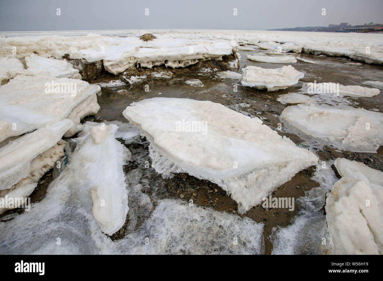 Landscape of the thick sea ice on the frozen sea surface at Bohai Sea ...