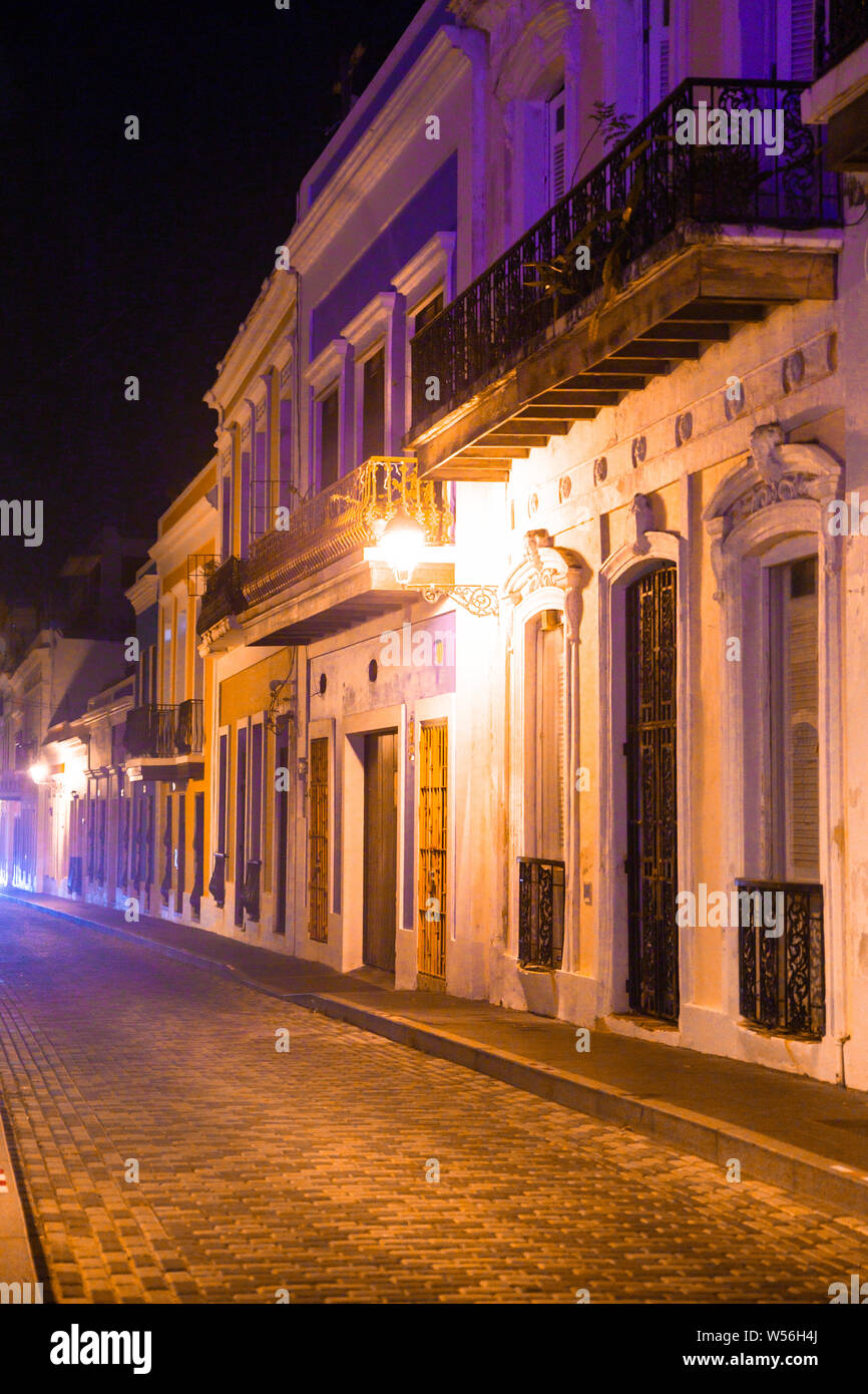 Empty street scene from Old San Juan Puerto Rico at night with ...