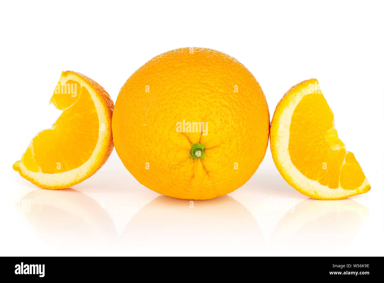 Group of one whole two slices of fresh sweet orange isolated on white ...