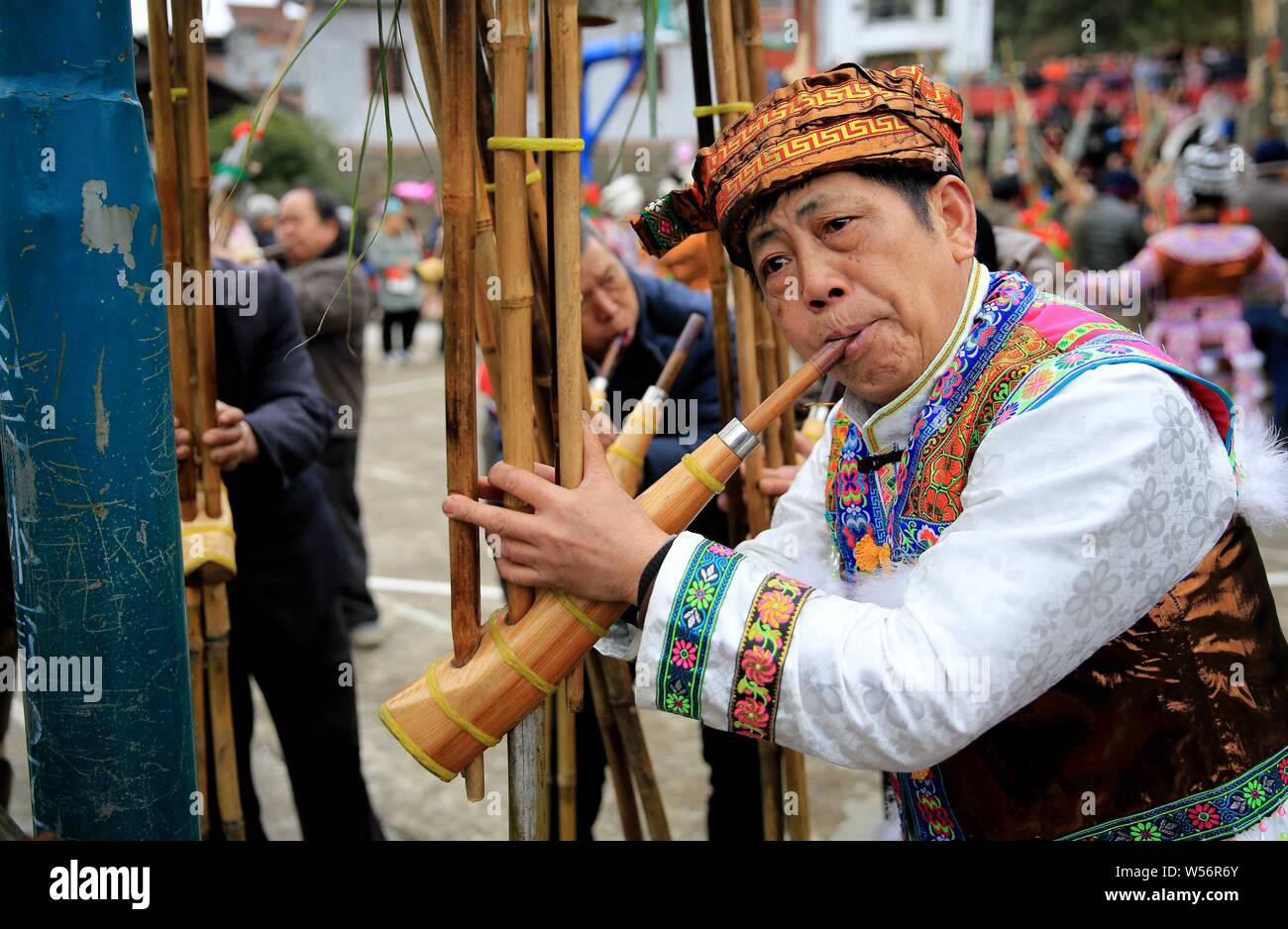 Chinese people of Miao ethnic group dressed in traditional costumes ...
