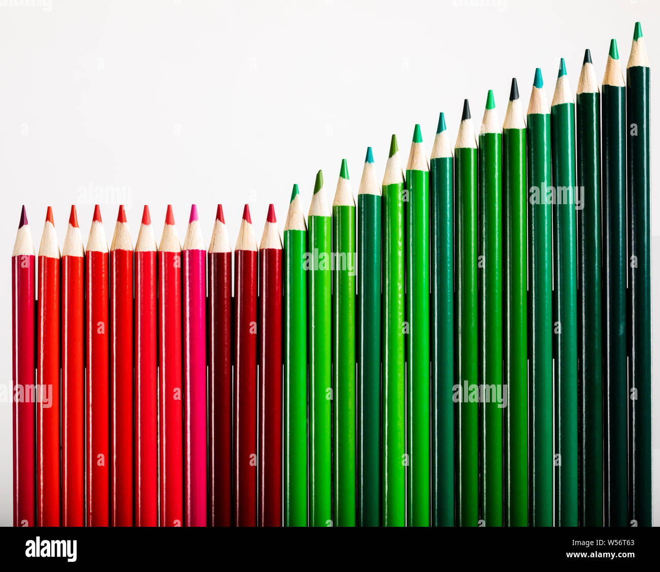Colored red & green pencils representing business graph of increasing ...