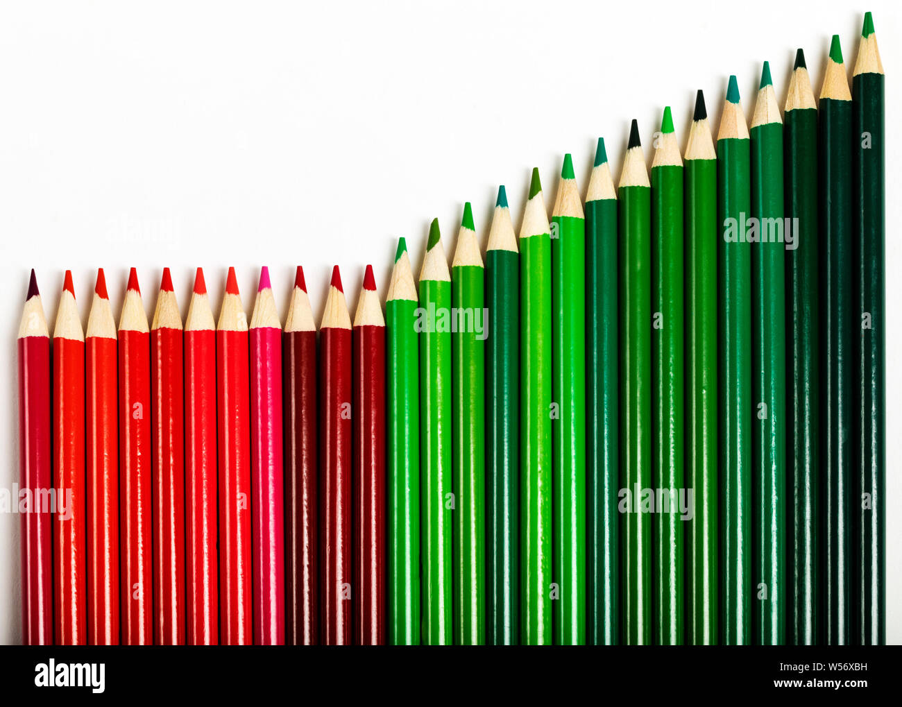 Colored red & green pencils representing business graph of increasing ...