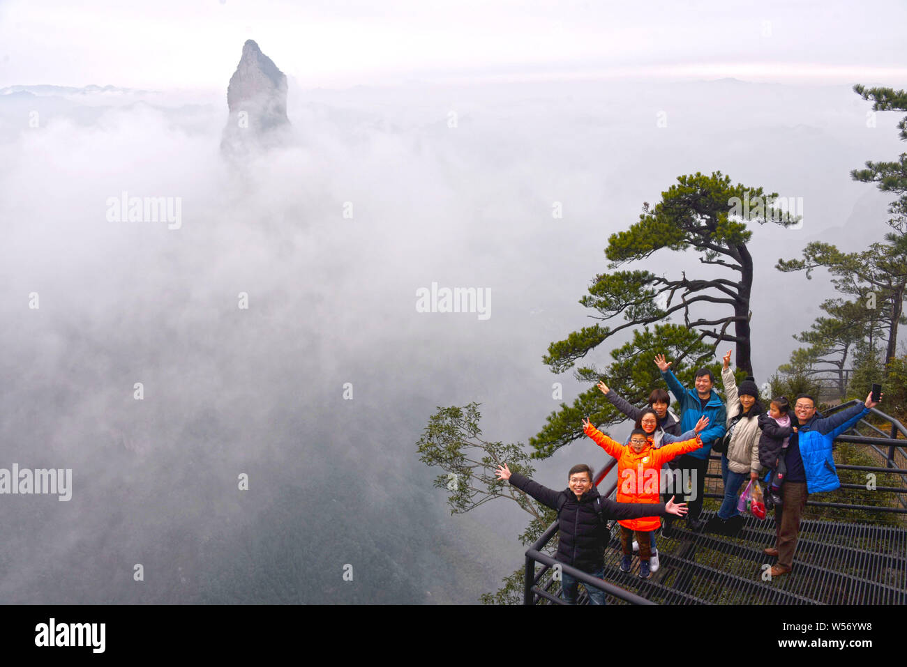 A view of seas of clouds floating through the Xianju National Park ...