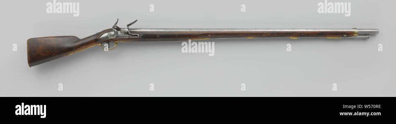 Navy rifle with flint lock, Navy flint gun with round iron barrel, iron ...