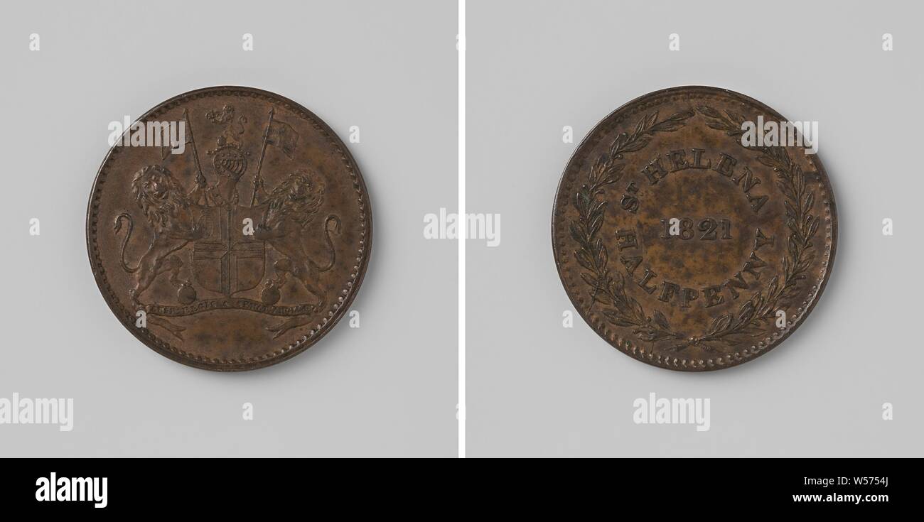 Half penny coin: St. Helena, Obverse: two lions, each with ensign ...