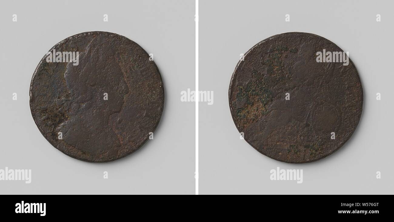 Coin of William III, King of England, Copper coin. Front: man's chest ...