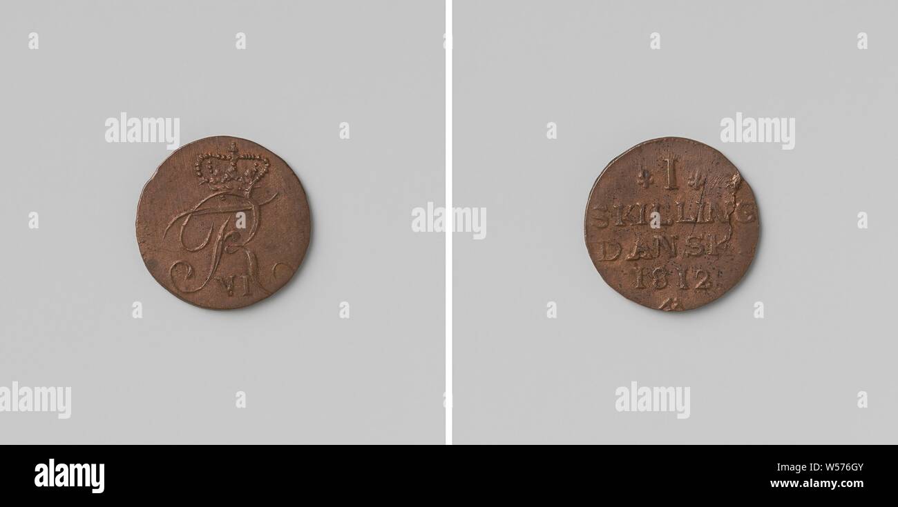 Shilling of Frederick VI, King of Denmark, Copper coin. Front: crowned ...
