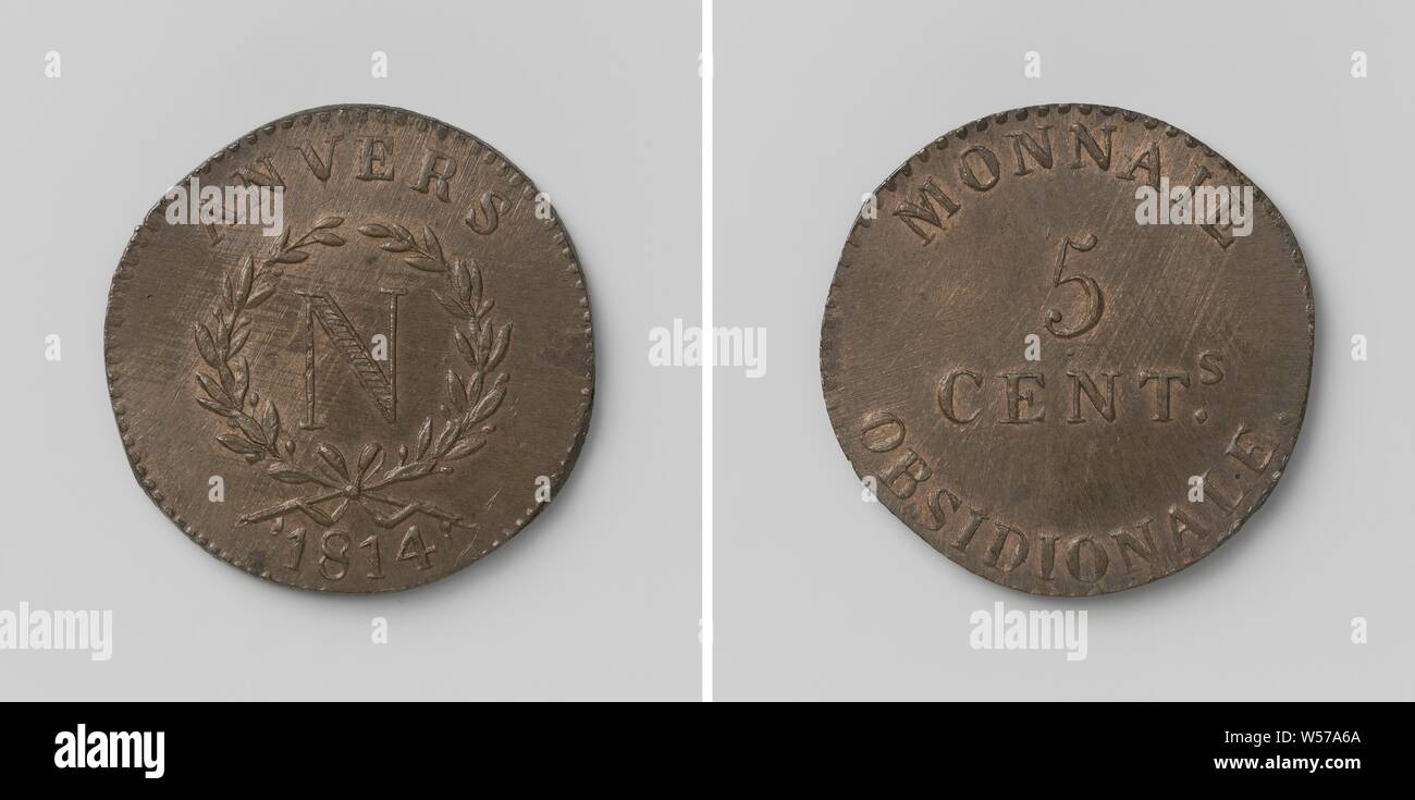 Siege of Antwerp, emergency coin of five cents minted by Napoleon I ...
