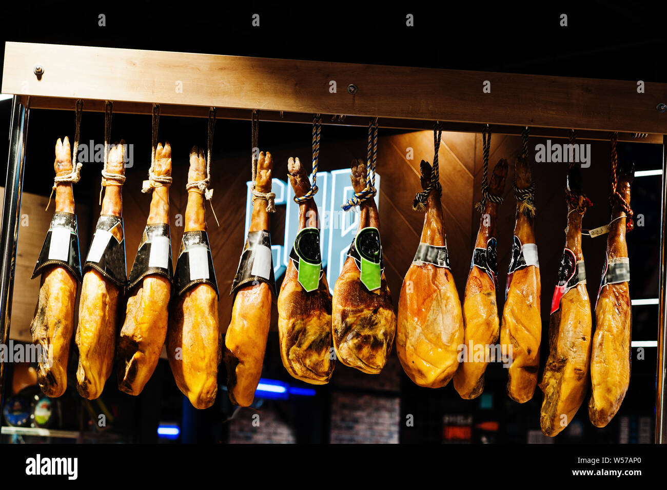 Traditional spanish jamon ham for sale at supermarket Stock Photo - Alamy