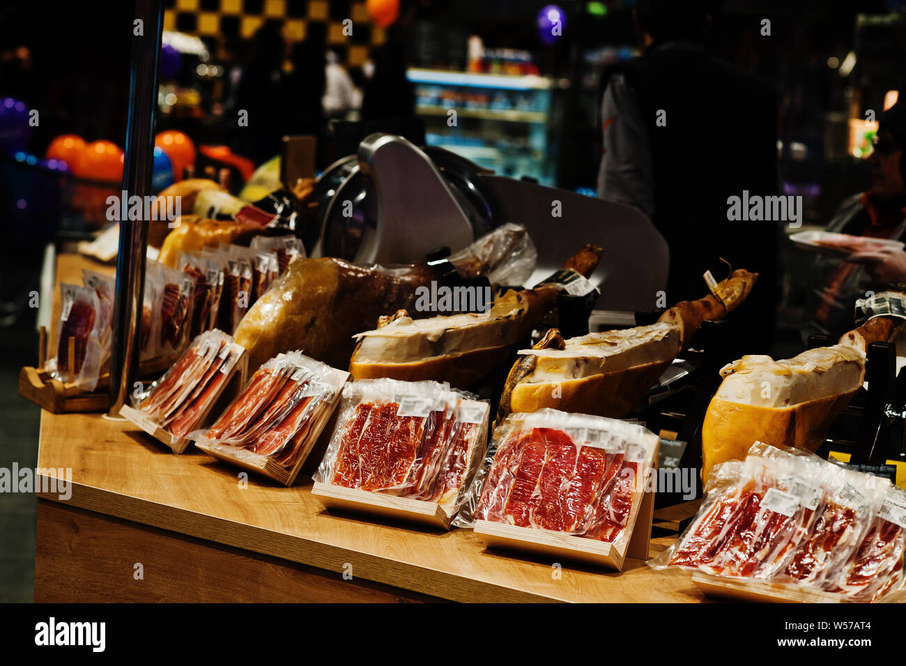 Traditional spanish jamon ham for sale at supermarket Stock Photo - Alamy