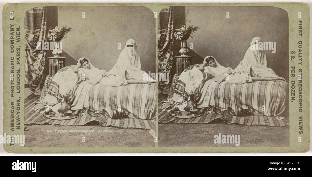 Two Moorish women on a bed 84 Types of mauresques. Algérie (title on object), On the cardboard ...