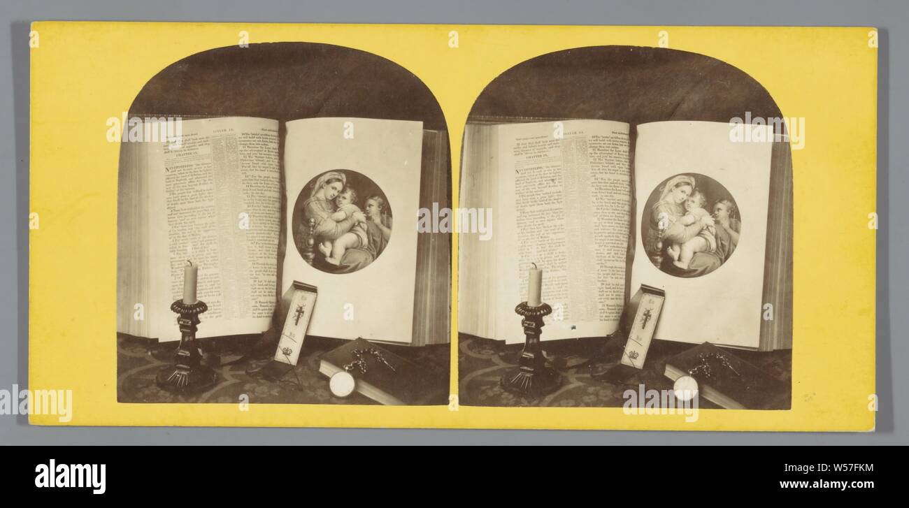 Religious still life with an open bible, candle, book and watch, In the ...