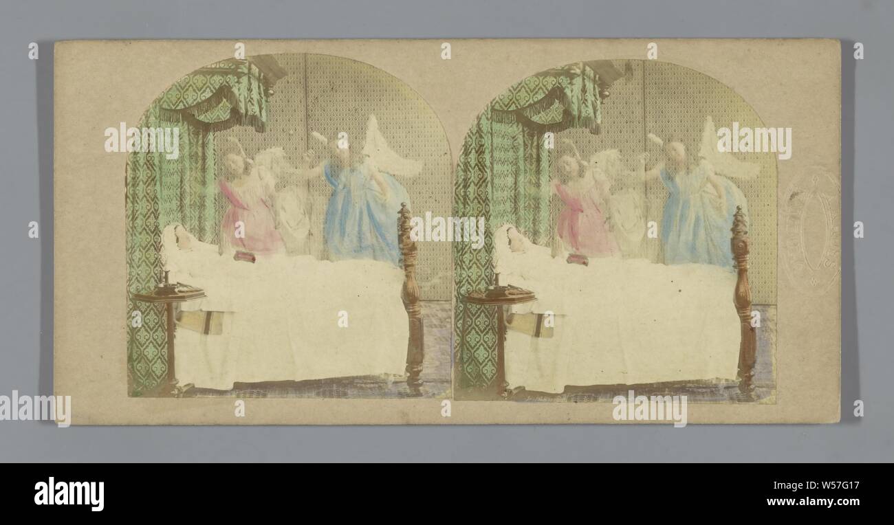 Scene in bedroom: woman in bed with angels above, bed, A. Krüss, 1855 ...