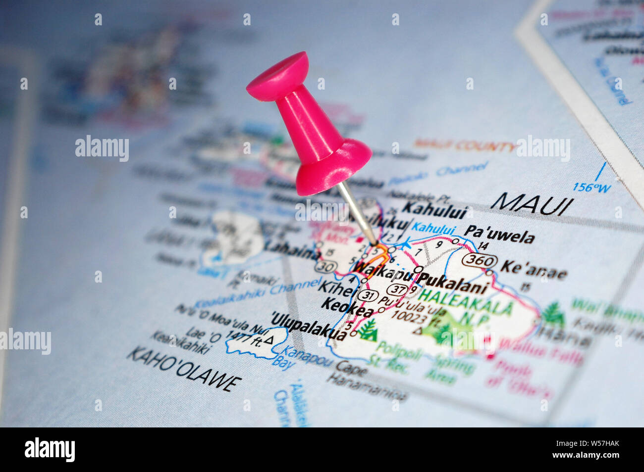 A map of Maui, Hawaii marked with a push pin Stock Photo - Alamy