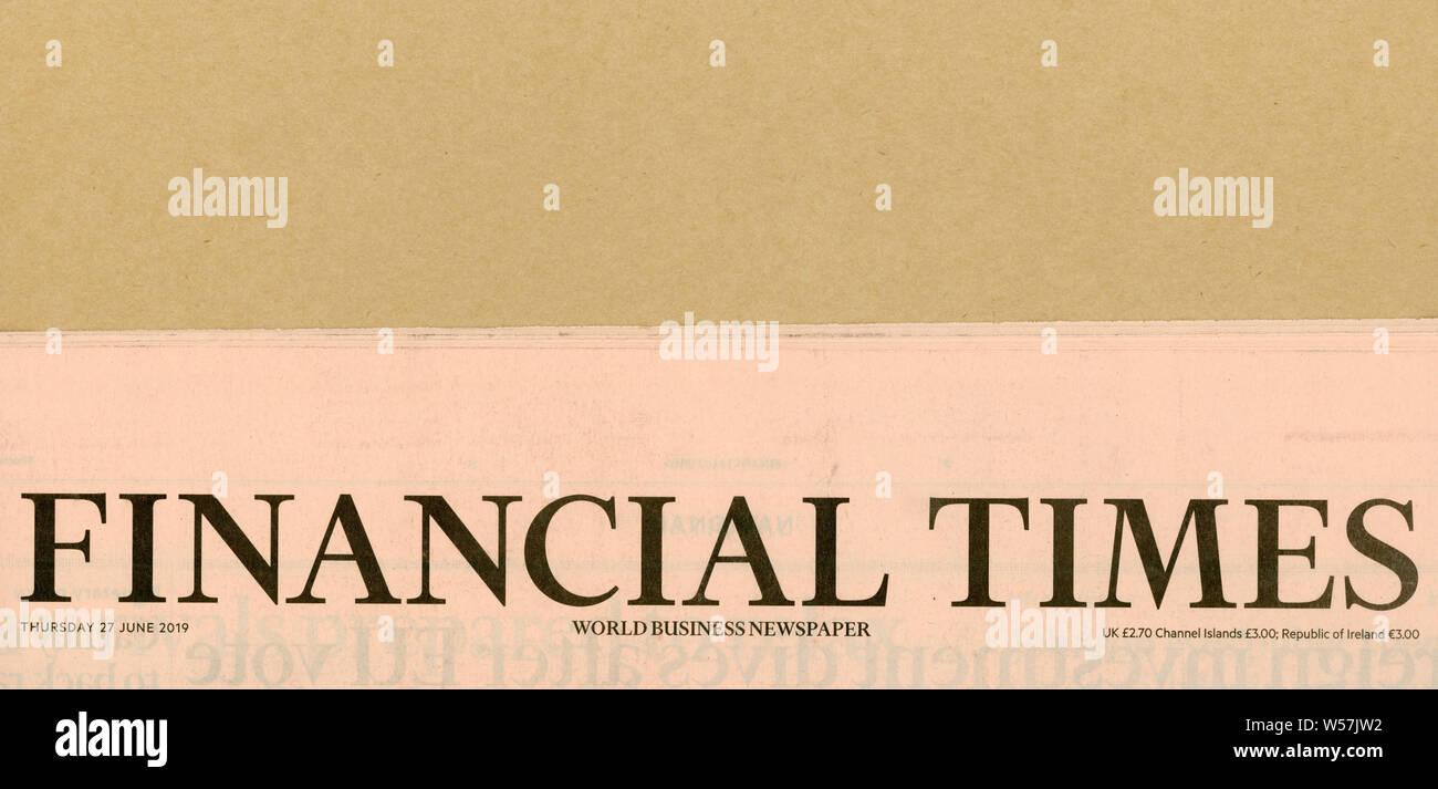 LONDON, UK - CIRCA JULY 2019: Header of the Financial Times world ...