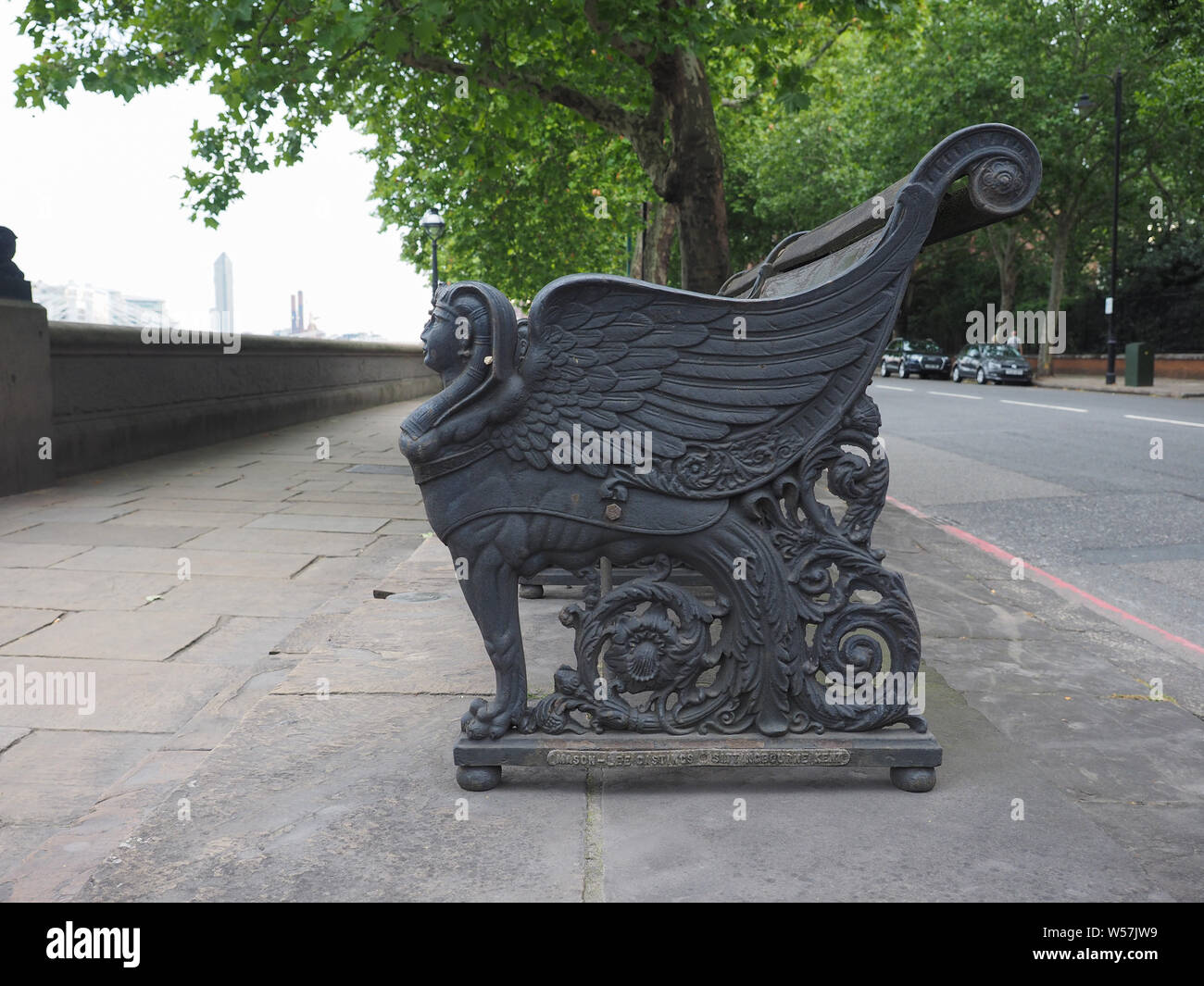 LONDON, UK - CIRCA JUNE 2019: vintage looking metal bench on the banks ...