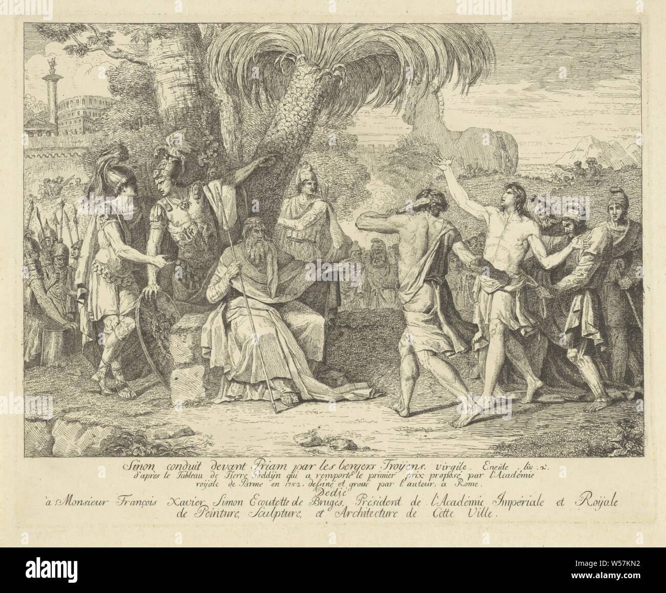 Sinon brought before Priam, King Priam sits under a few trees, his ...