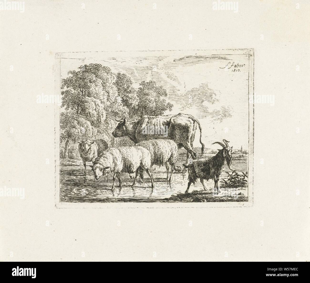 Ox, goat and three sheep in shallow water, cattle, Frédéric Théodore ...