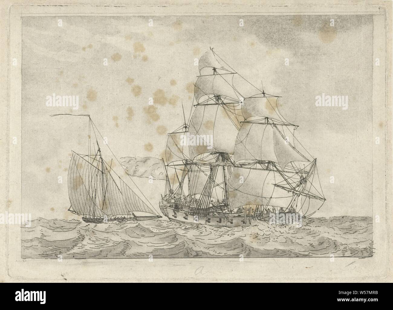 Cutter and a war frigate, A three-mast with a flag and a small sailing ...