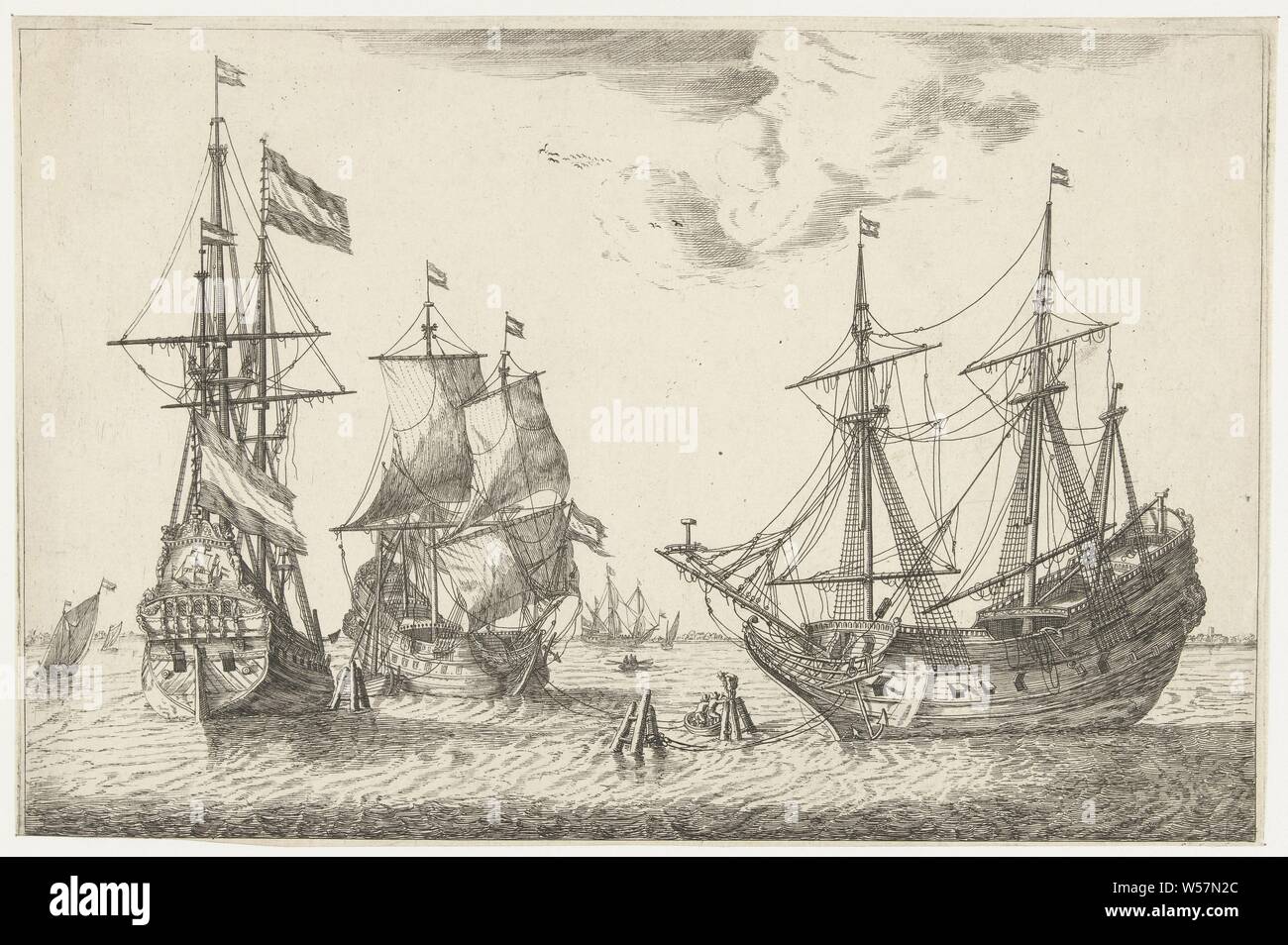 Three moored sailing ships, Three large sailing ships, moored with ...