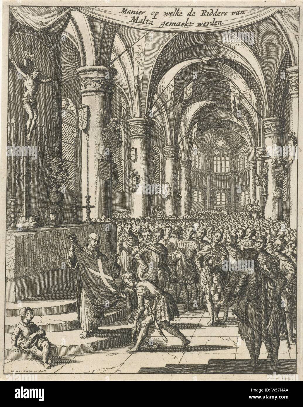 Ceremony in a church in Malta where a knight kisses a cloth with a ...