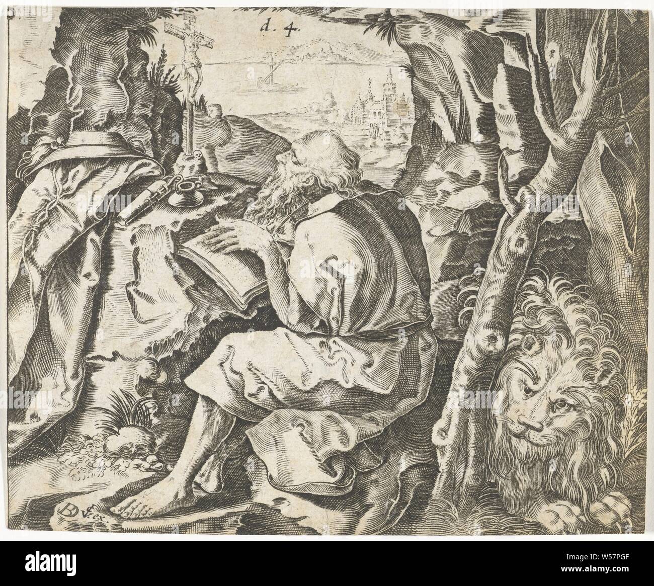 Saint Hieronymus is writing in his cave and is looking at a crucifix ...