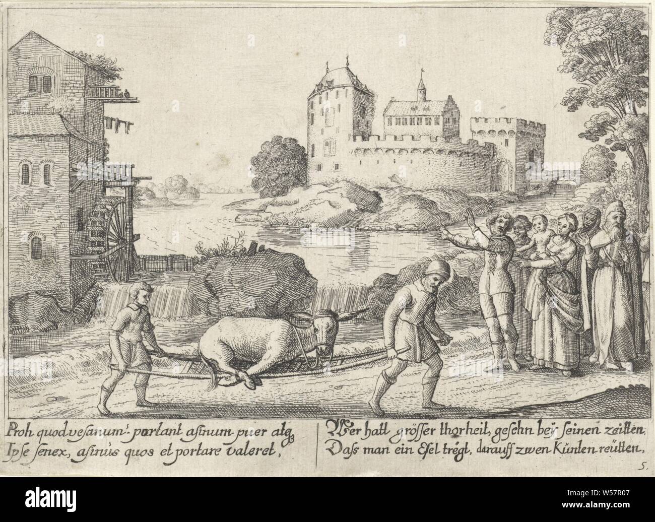Fable of the farmer and his donkey, The farmer and his son carry the ...