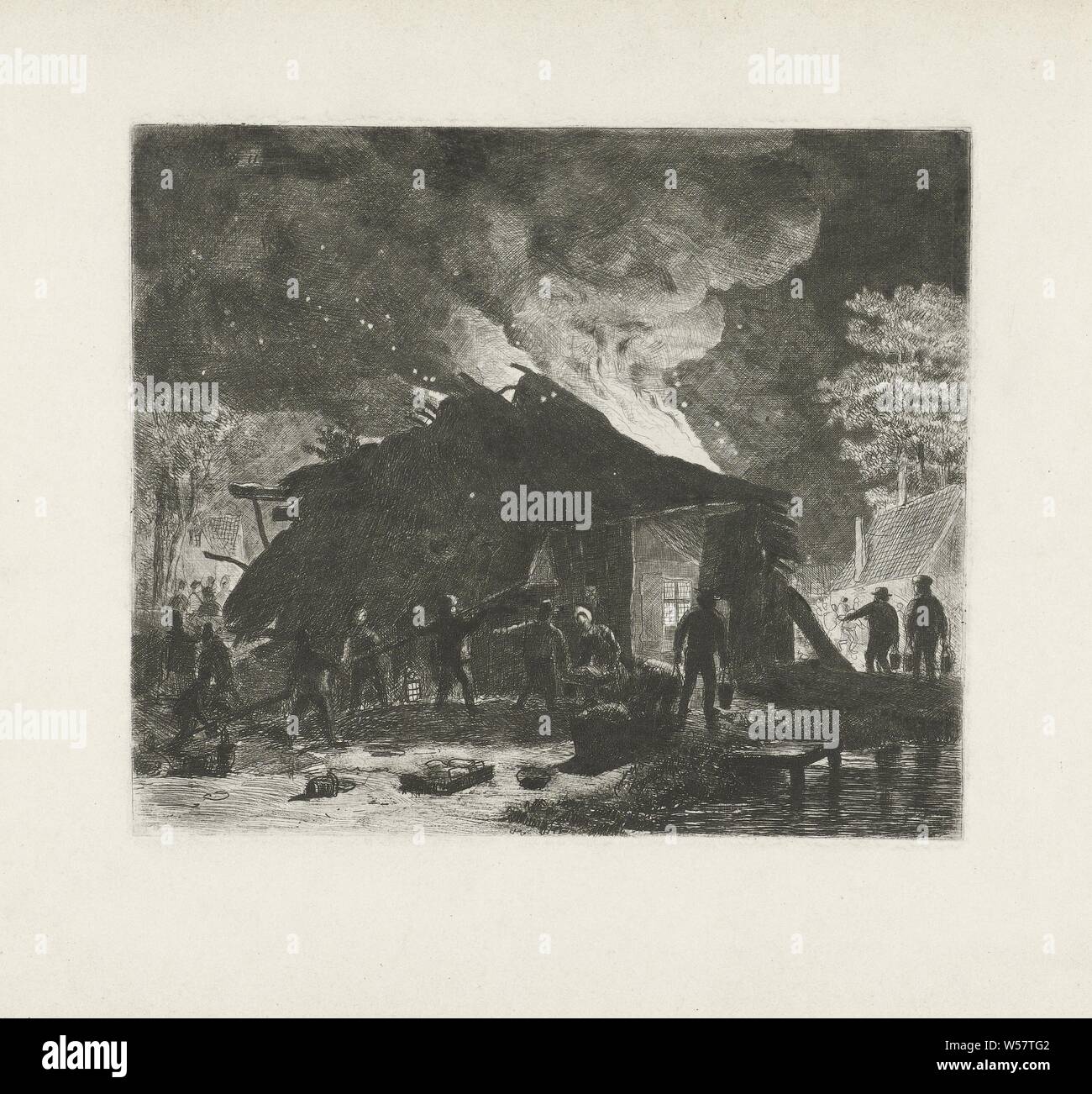 Barn in a landscape, Burning barn in a landscape located on water ...