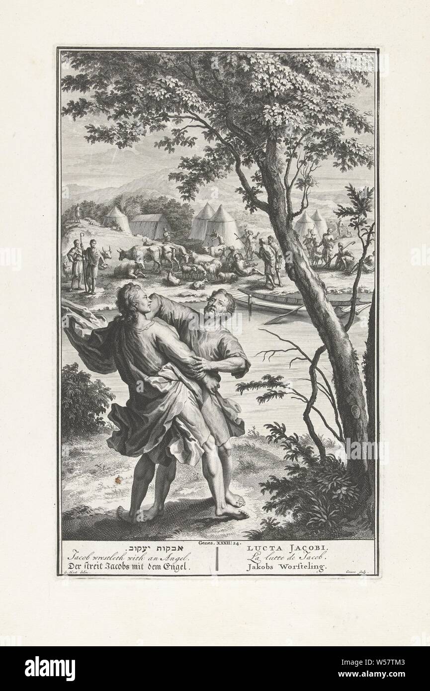 Jacob is struggling with the angel. In the background the river Jabbok ...