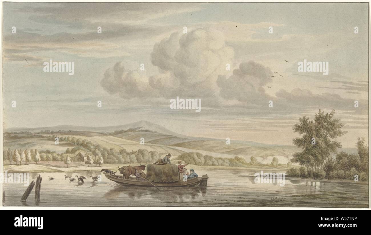 River view with hay barge, Hilly landscape with hay barge on a river ...